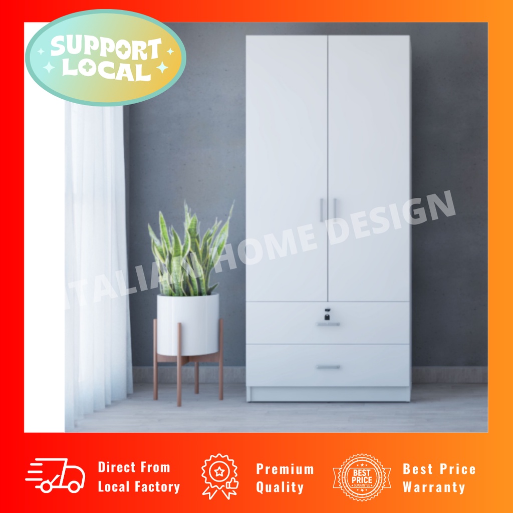 2 Door 2 Drawer Wardrobe with Keylock Almari Baju Kunci Almari Almari ...
