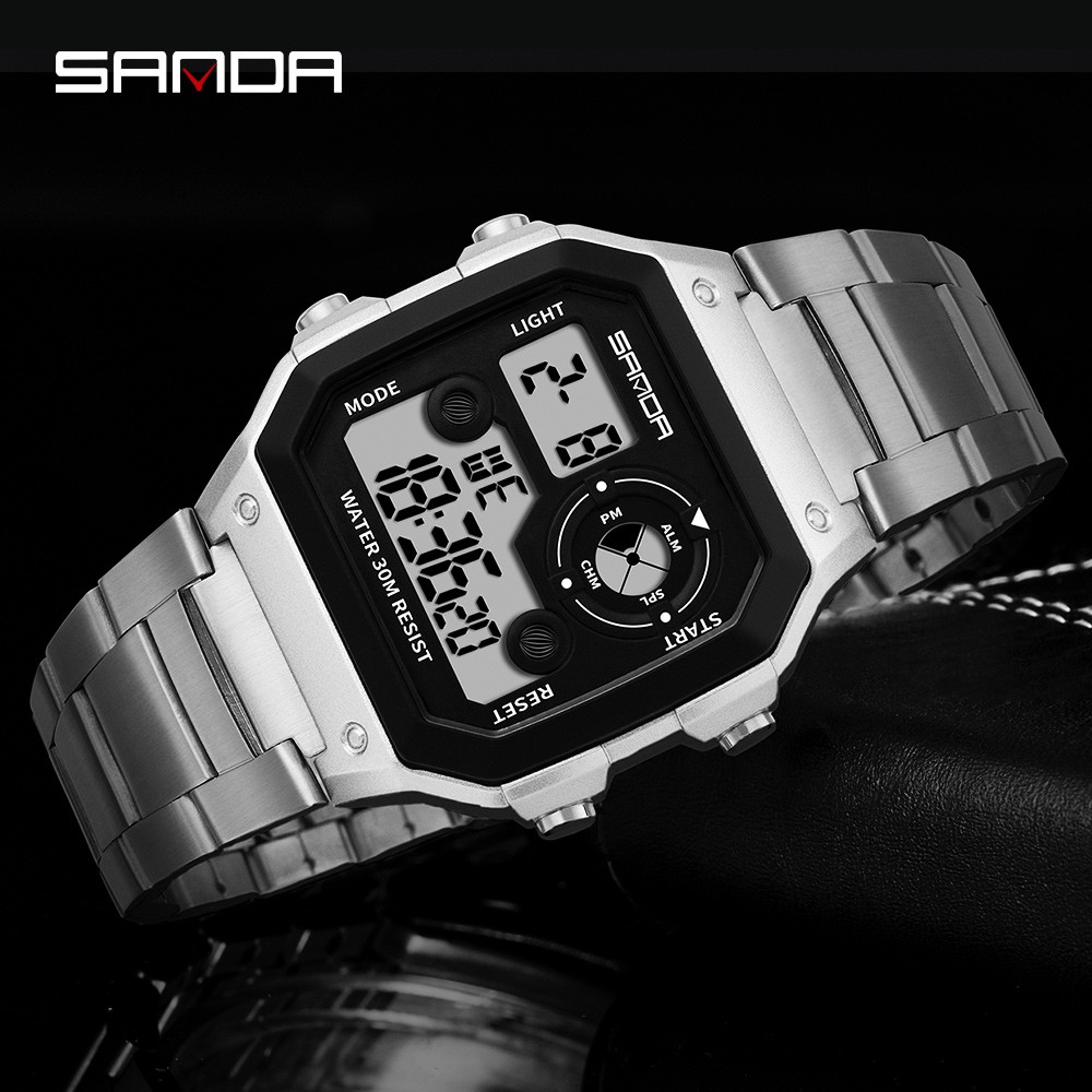 SANDA Waterproof Men Watch Stainless Steel Digital Swimming Watch for ...