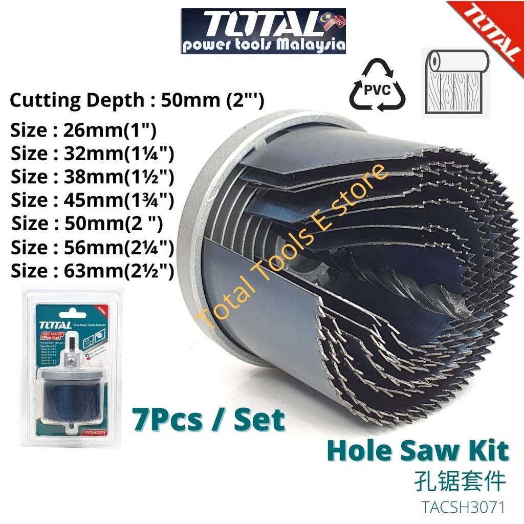 TOTAL 7 Pcs Hole Saw Set 孔锯套件 1" ~ 2 ½" x Depth 50mm (2") Suitable for ...
