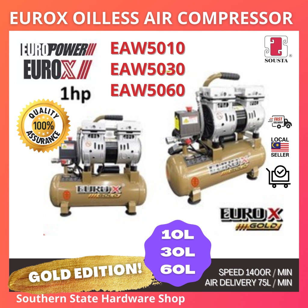EUROPOWER EUROX GOLD OILLESS 1HP / 10L/30L/60L AIR COMPRESSOR EAW5010G / EAW5030 / EAW5060 ...