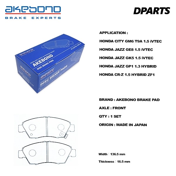 Akebono Front Brake Pad Honda City GM2 ,GM6 ,TMO ,GE8 ,GK5 , T9A , TFO , T5A ( Made In Japan ...