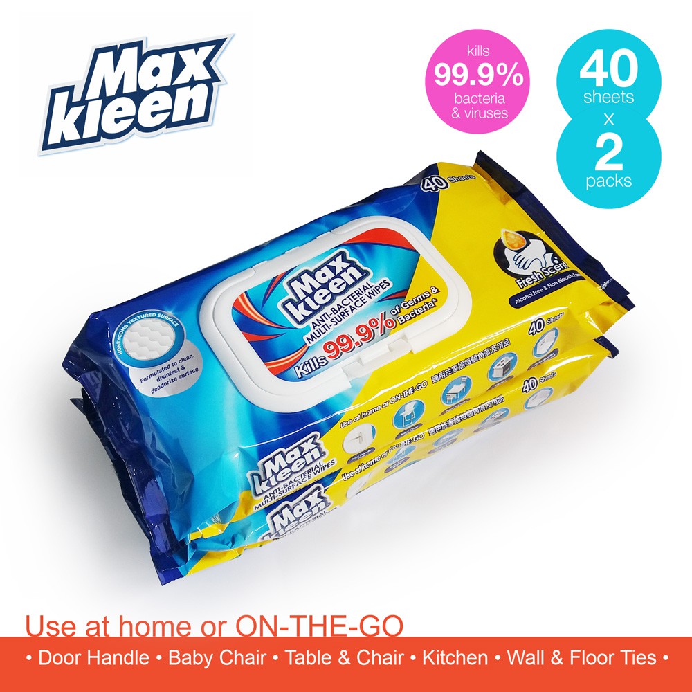 Maxkleen Anti-Bacterial Multi-Surface Wipes (40s x 2) | Shopee Malaysia