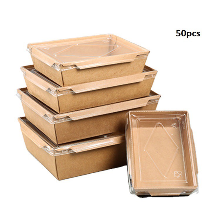 (50pcs) Kraft Brown Paper Lunch Box with Plastic Cover / Paper Lunch ...