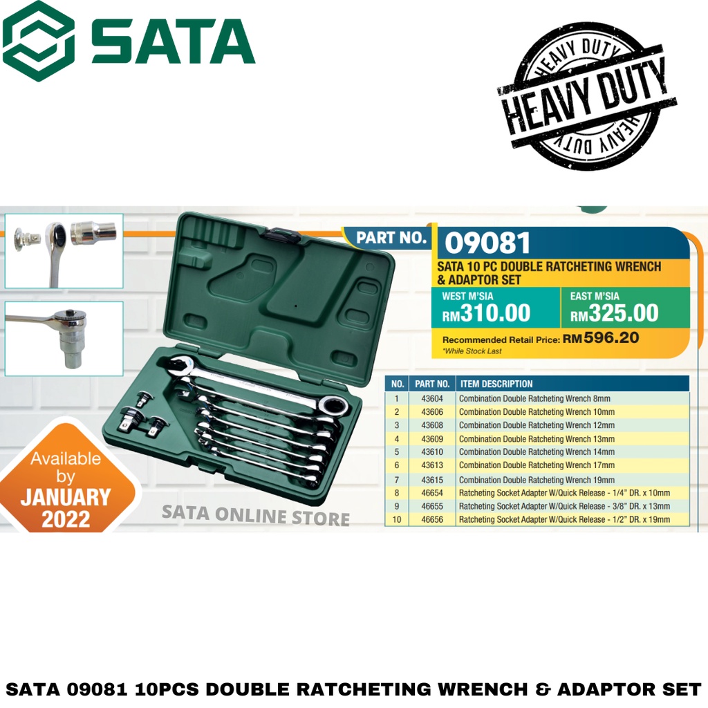 (ND) SATA 09081 10PCS DOUBLE RATCHETING WRENCH & ADAPTOR SET / RATCHET ...