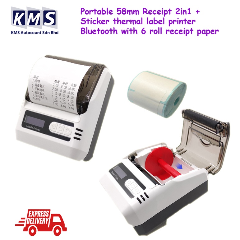 Portable 58mm Receipt 2 in 1 + Sticker thermal label mobile printer ...