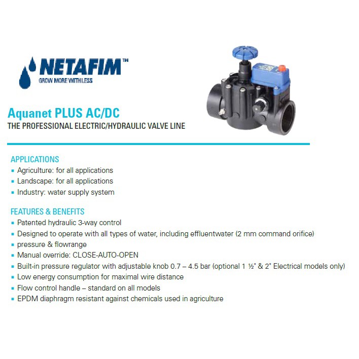BRAND NETAFIM AQUANET PLUS 2 AC BSP ANGLE PRV / AQUANET™ PLUS Valves ...
