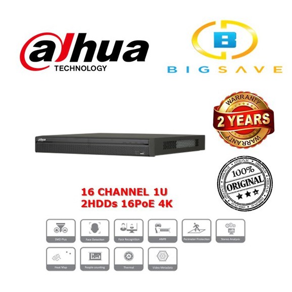 DAHUA 16CH / 16 CHANNEL NVR5216-16P-4KS2E 1U 4K H.265 2HDD NVR NETWORK RECORDER WITH 16 PORT POE ...