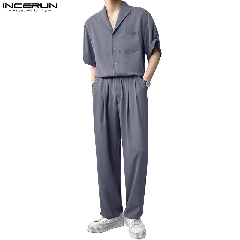 INCERUN Mens Short Sleeve T-Shirt + Elastic Waist Pants Solid Outfit ...