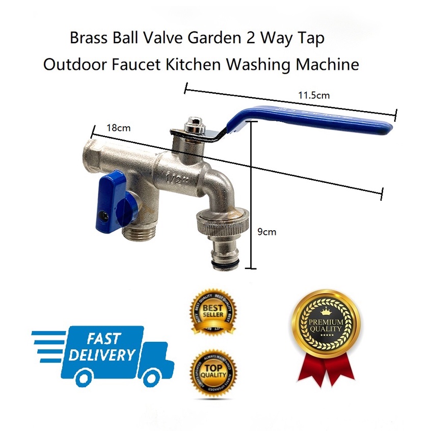Brass Ball Valve Garden 2 Way Tap Water Bib Tap Faucet Outdoor Faucet Kitchen Washing Machine ...