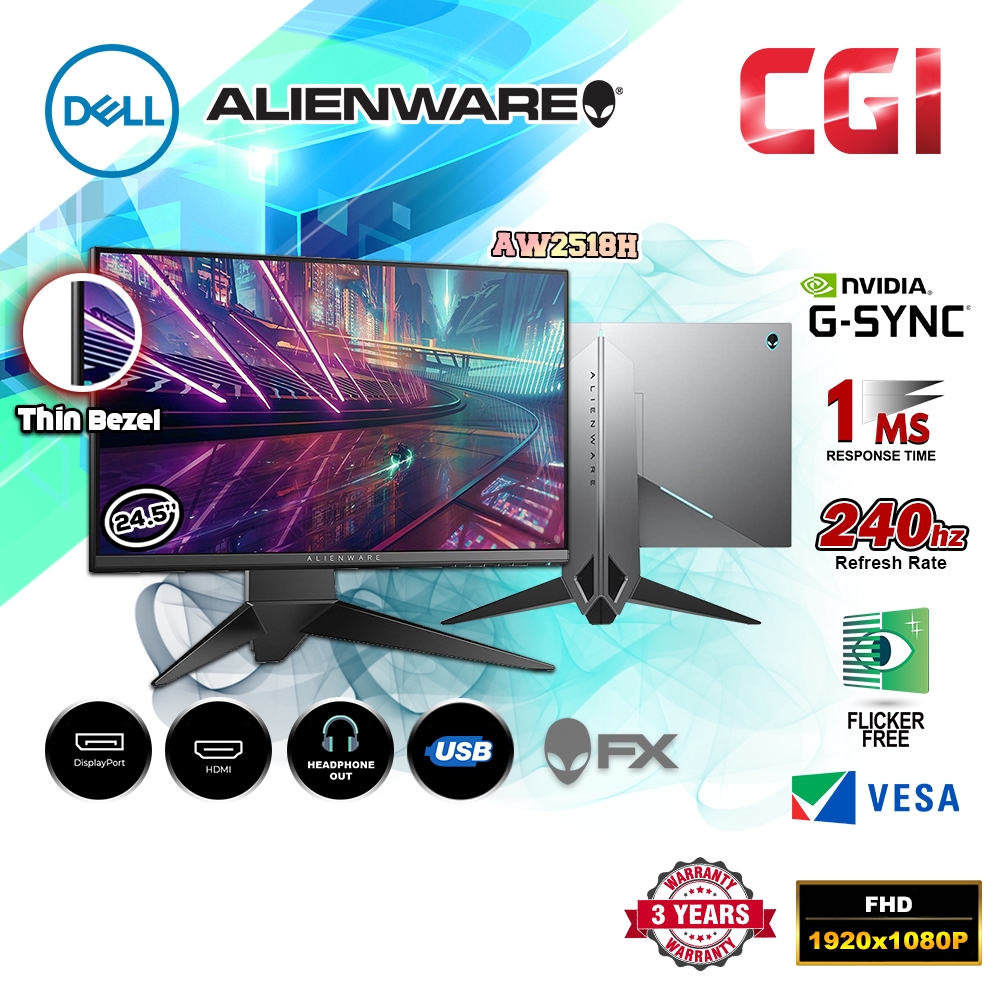 AlienWare 25" AW2518H FHD TN 240Hz 1ms G-Sync ULMB USB 3.0 HDMI DP Slim ...