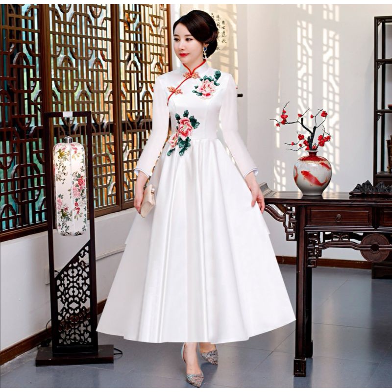 PO Muslimah cheongsam white red long sleeve wedding prom dress RBBD0055 ...