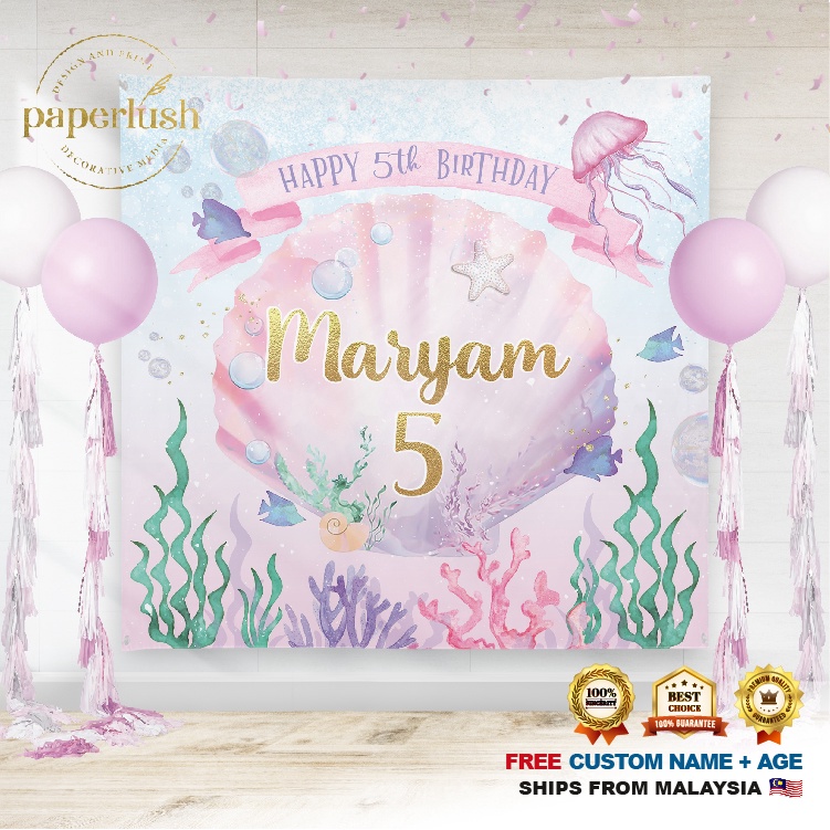 Birthday Banner | Birthday Backdrop | Hari Jadi - Mermaid Clam Shell ...