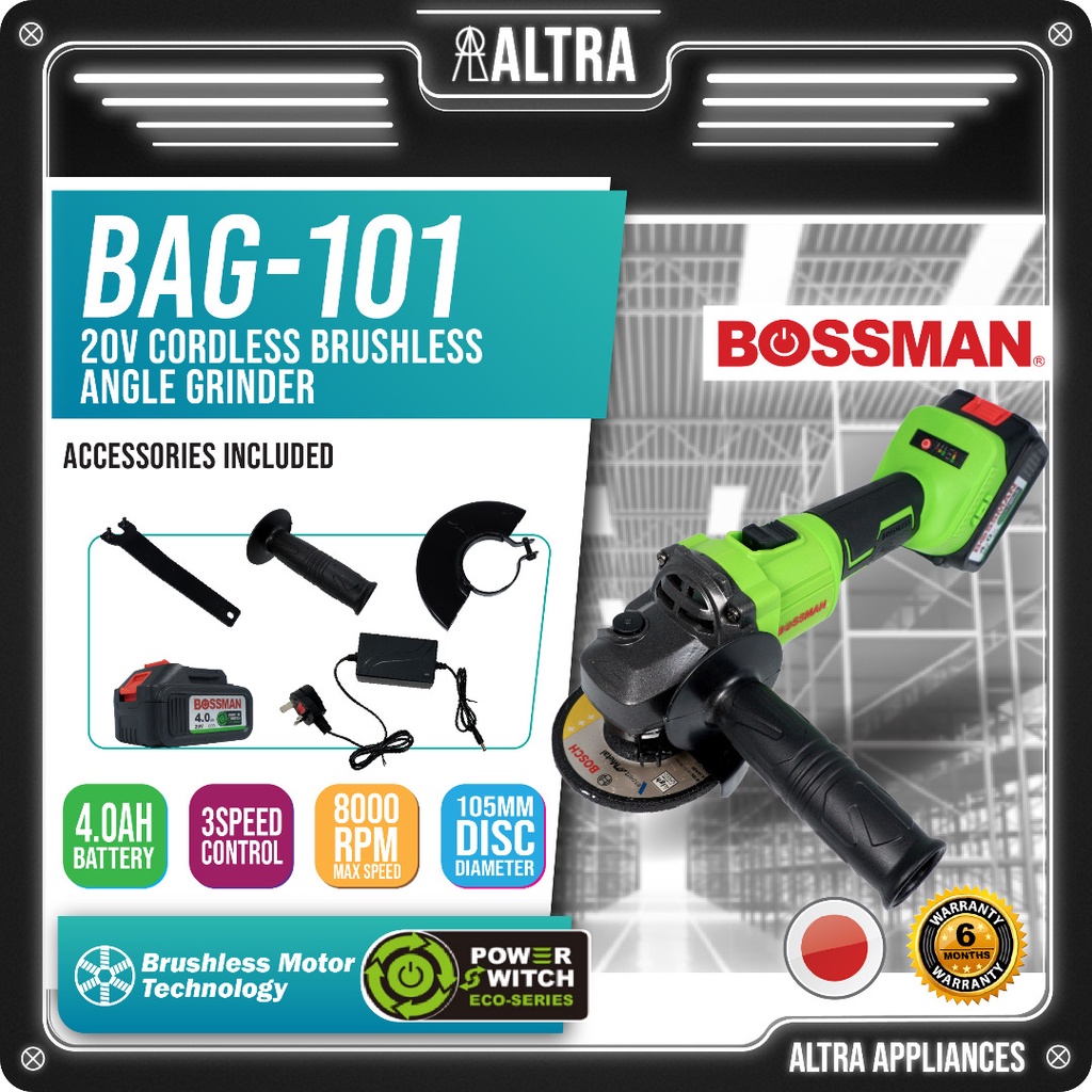 BOSSMAN BAG-101 20V 4" Cordless Angle Grinder c/w 4.0ah Lithium-ion ...