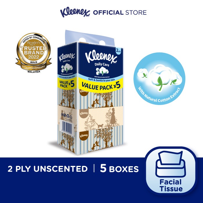 Kleenex Facial Tissue Box Vintage 2ply (120s x 5 Packs) Daily Care ...