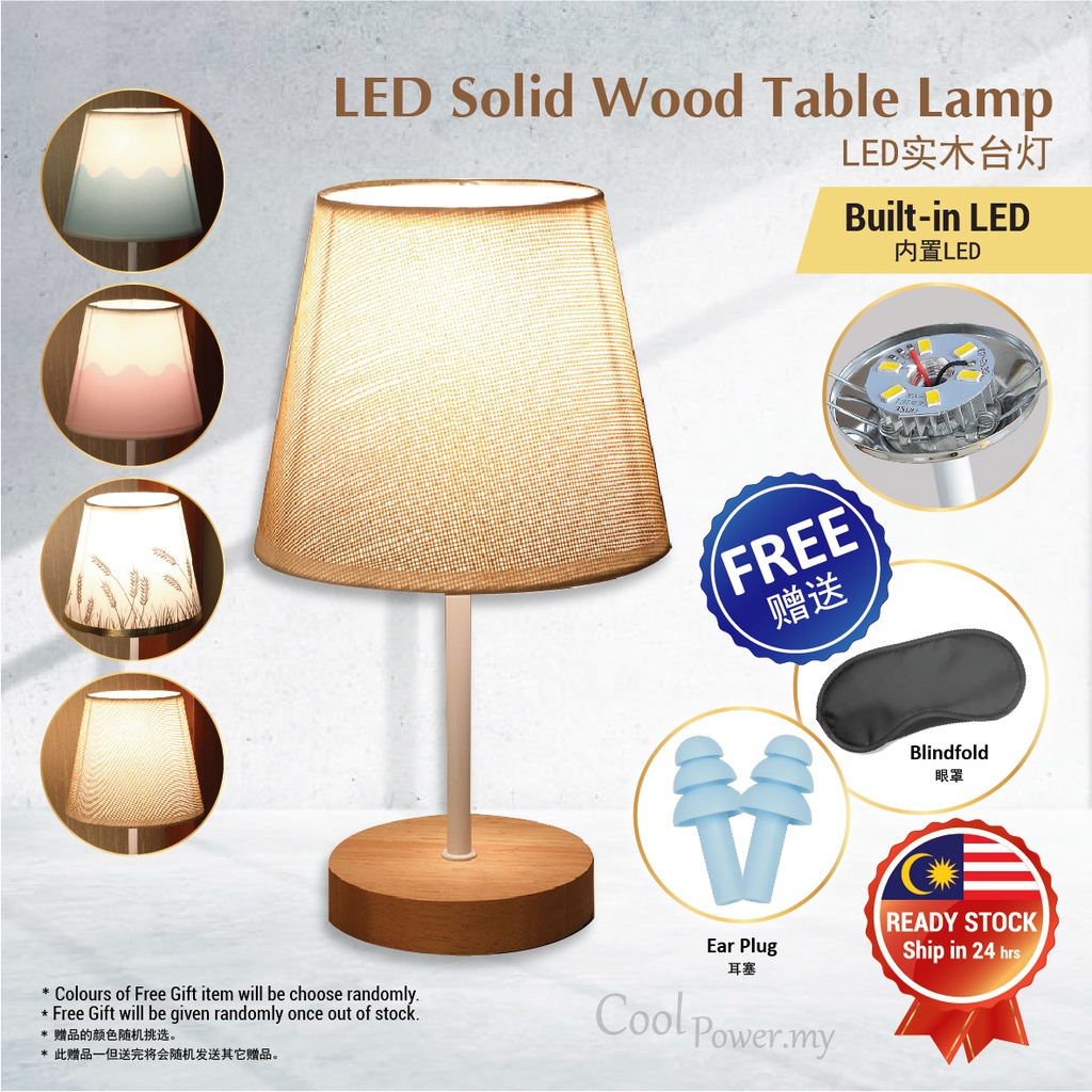 LED Solid Wood Bedroom Table Lamp Fabric Night Light Desk Lamp Lampu ...
