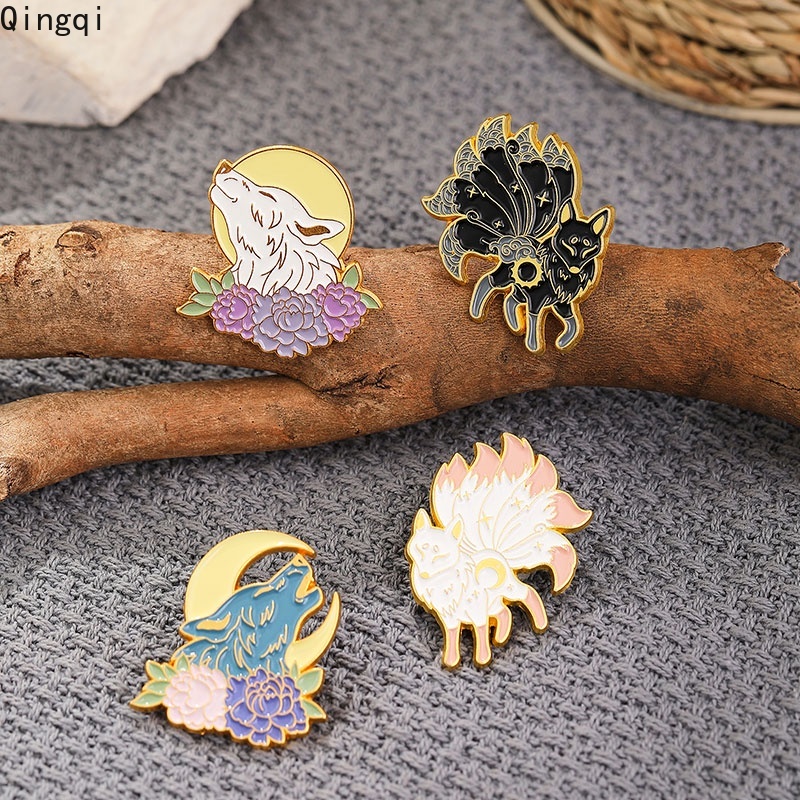 Starry Fox Wolf Enamel Pin Brooch Clothes Lapel Pin Sun Moon Day Night ...