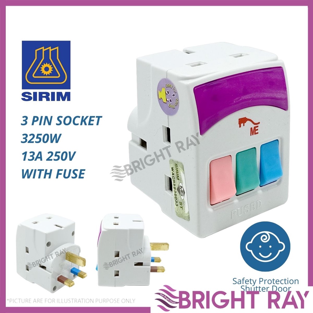 ME 13 Amp 3 Way Switch Adaptor 3 Pin / Universal Socket With Neon ...