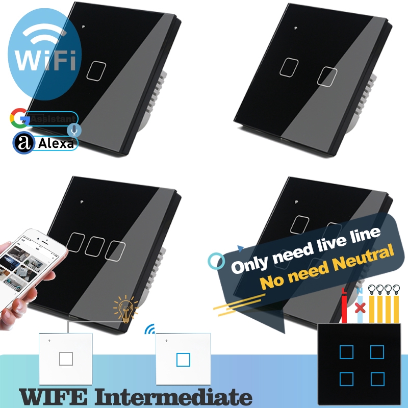 (No need neutral line) WIFI Touch Light Wall Switch Black Glass Panel ...