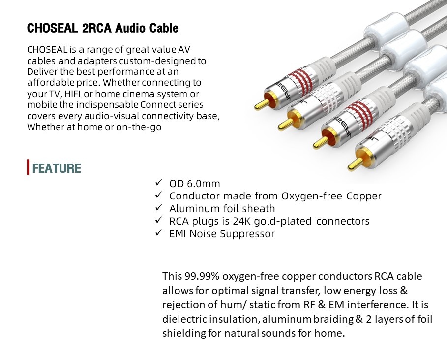 Choseal 2Rca to 2RCA Audio Cable Premium RCA Male to Male Speaker Wire ...