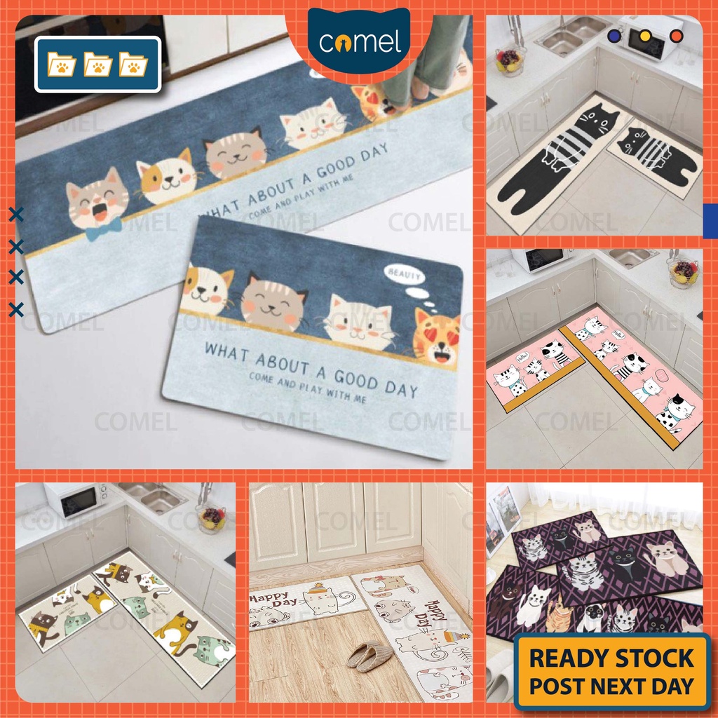 🐱COMEL🐱 1 Set [2 in 1] Cat Pattern 3D Printing Kitchen Carpet Alas Kaki ...