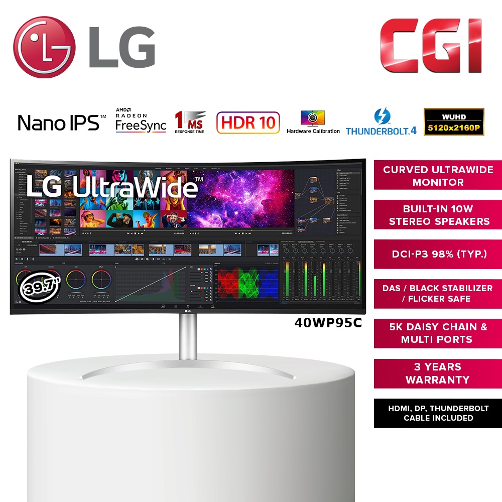 LG 40" 40WP95C 5K2K Nano IPS HDR10 AMD FreeSync 5K Daisy Chain Thunderbolt 4 Curved Ultrawide ...