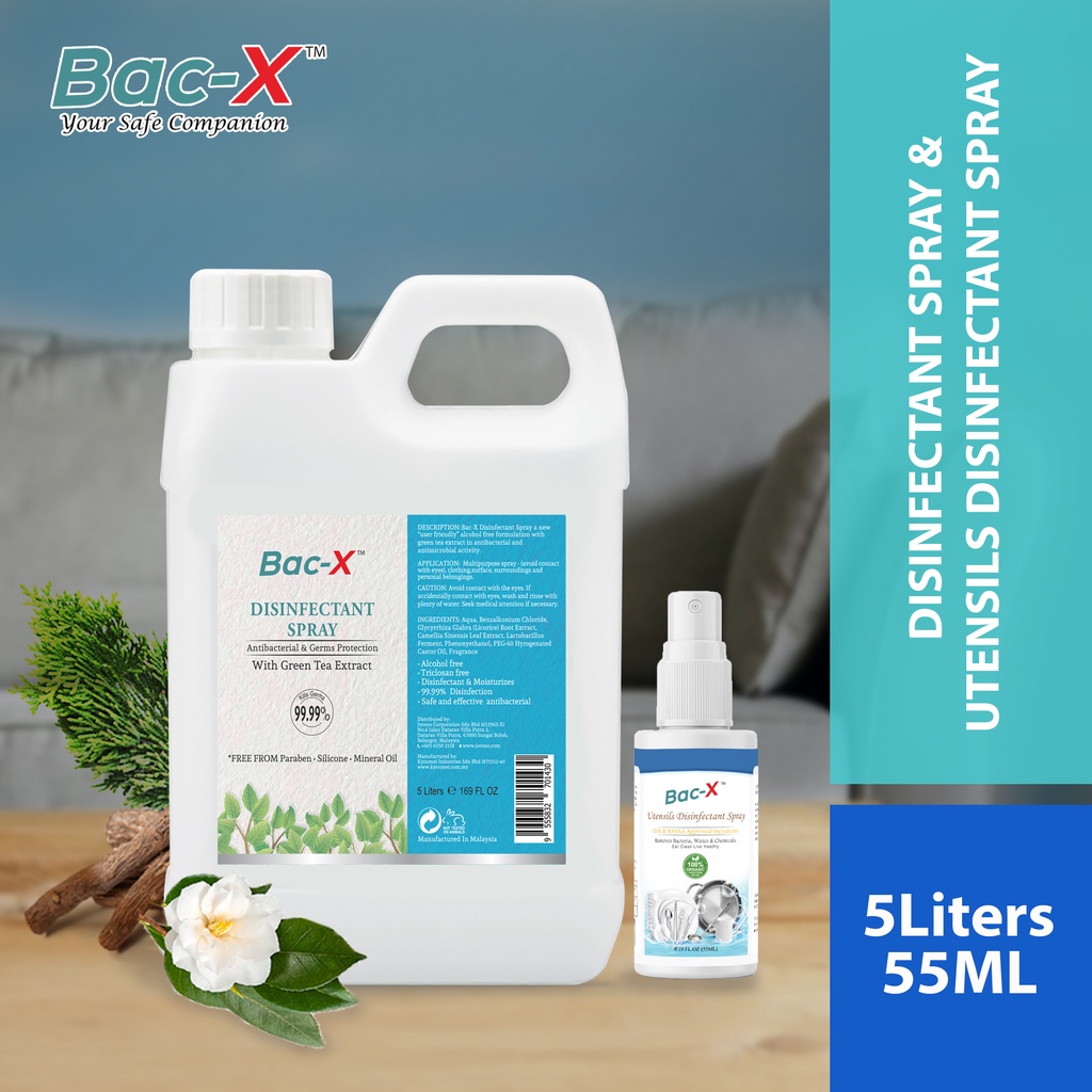 [COMBO JIMAT] Bac-X Disinfectant Spray 5 Liters & Bac-X Utensil Spray Food Grade 55ml Hygiene ...