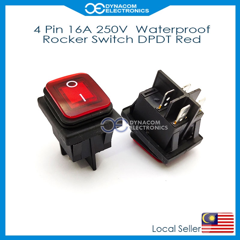 Waterproof Boat Type Rocker Switch DPDT Red 16A 250V 4 Pin 2 Position ...