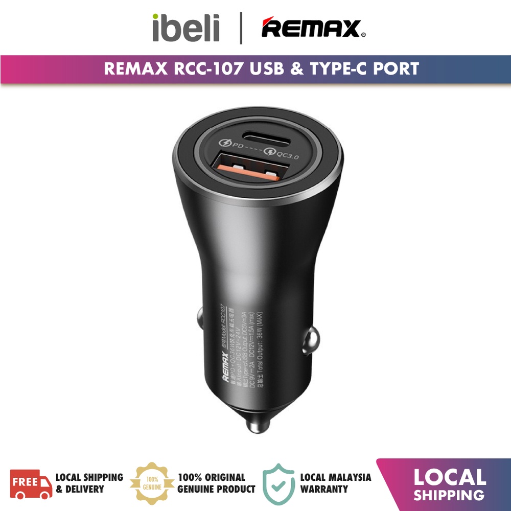Remax RCC-107 36W PD Type-C + QC3.0 USB Port Fast Charge Car Charger | Shopee Malaysia