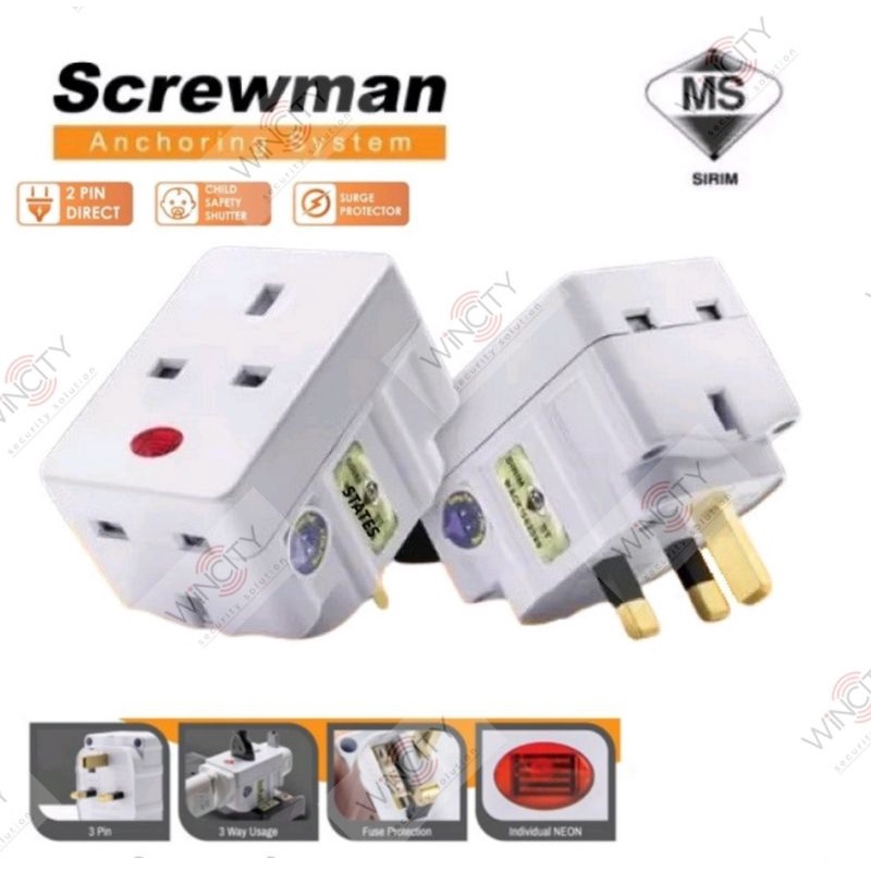 WSS Screwman 3 Way Adapter Extension 13A LED Neon Adapter UK Type 3 Pin ...