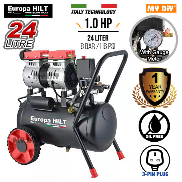 MYDIYHOMEDEPOT - EUROPA HILT 24L OIL FREE AIR COMPRESSOR 1HP 750W SILENT TYPE MOTOR (1 Year ...