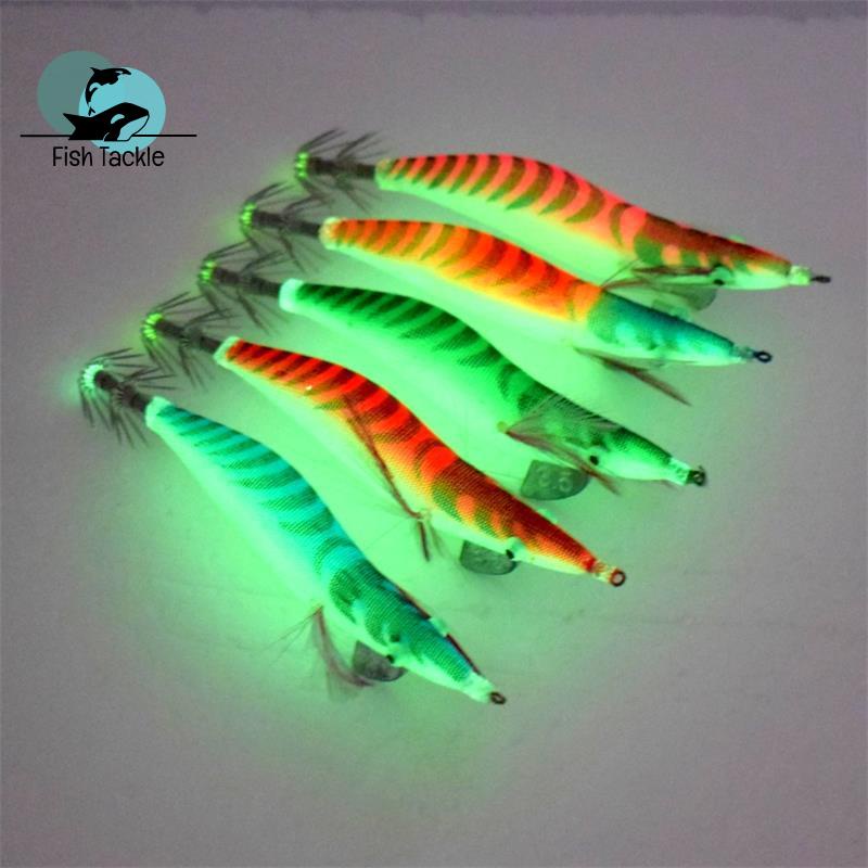 Luminous Wooden Egi Shrimp Squid Hook Jig Lure, Glow in the Dark Fishing Lure Artificial Bait ...