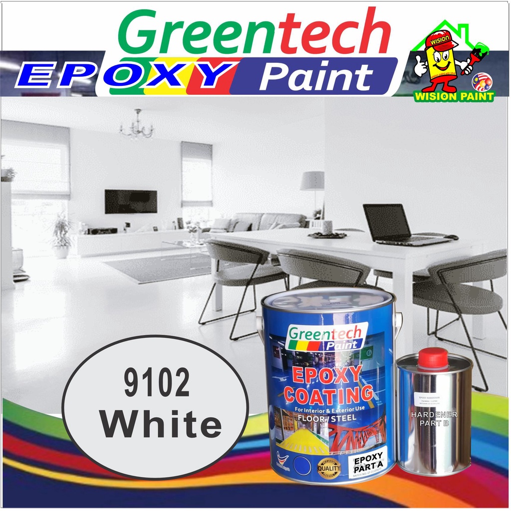 9102 WHITE ( 5L GREENTECH EPOXY PAINT ) Cat Lantai ( 4Liter Paint ...