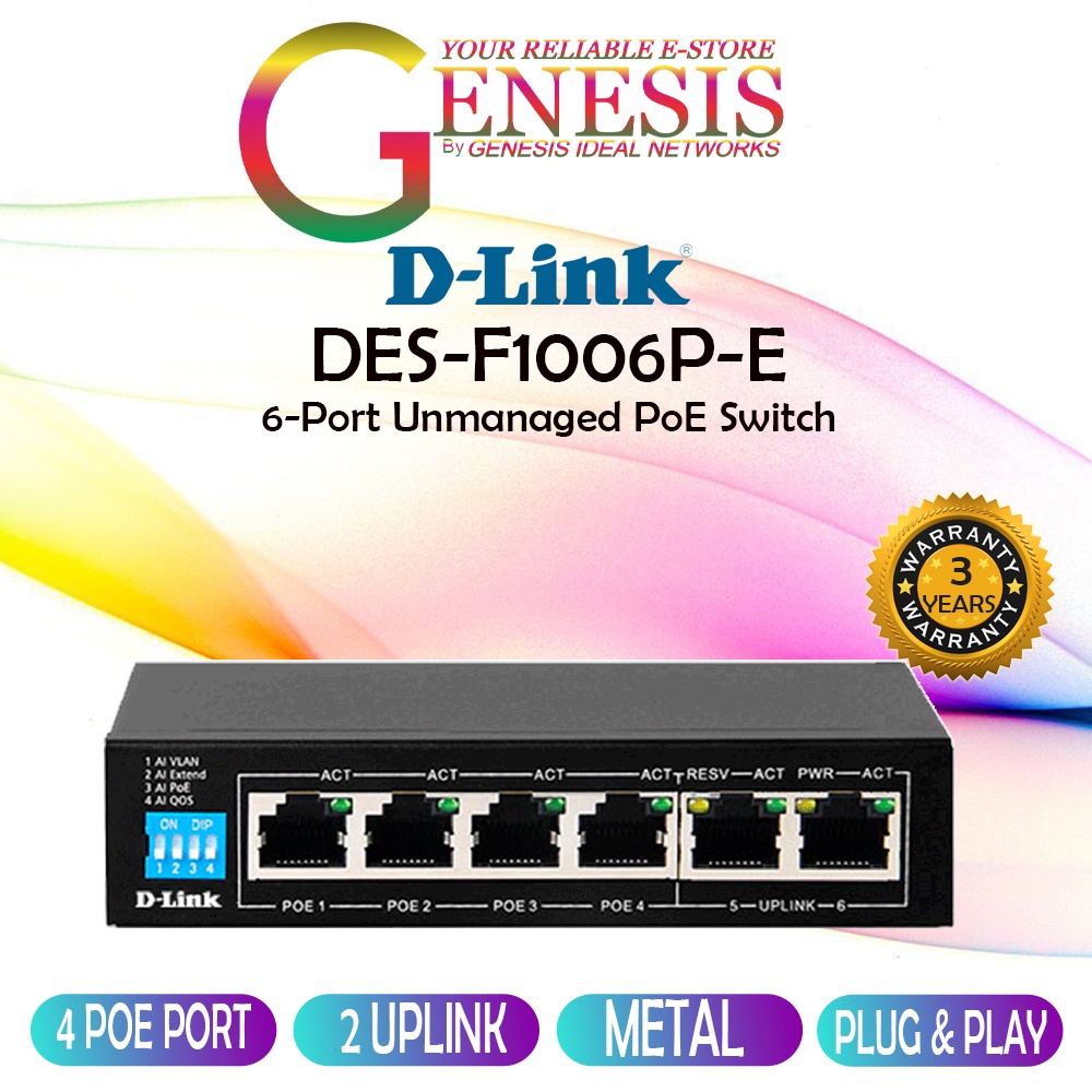 D-Link DES-F1006P-E 250M 6-Port 10/100 Switch with 4 PoE Ports and 2 ...