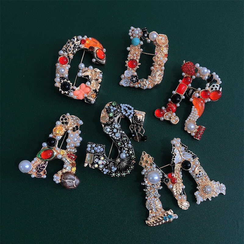 Fashion Unique Design Rhinestone Letters Brooch Retro Gem Pearl Crystal ...