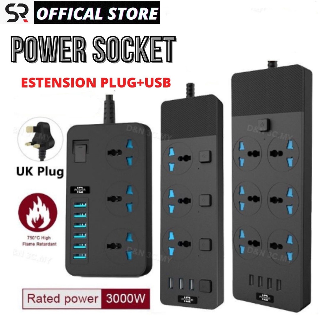 Universal 3/6 Power Socket Extension With USB Ports Power Strip Surge ...