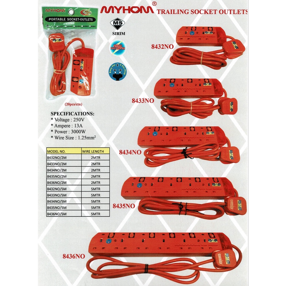 MYHOM Portable Socket Outlets Orange Wire Length: 2 Meter/ 5 Meter ...