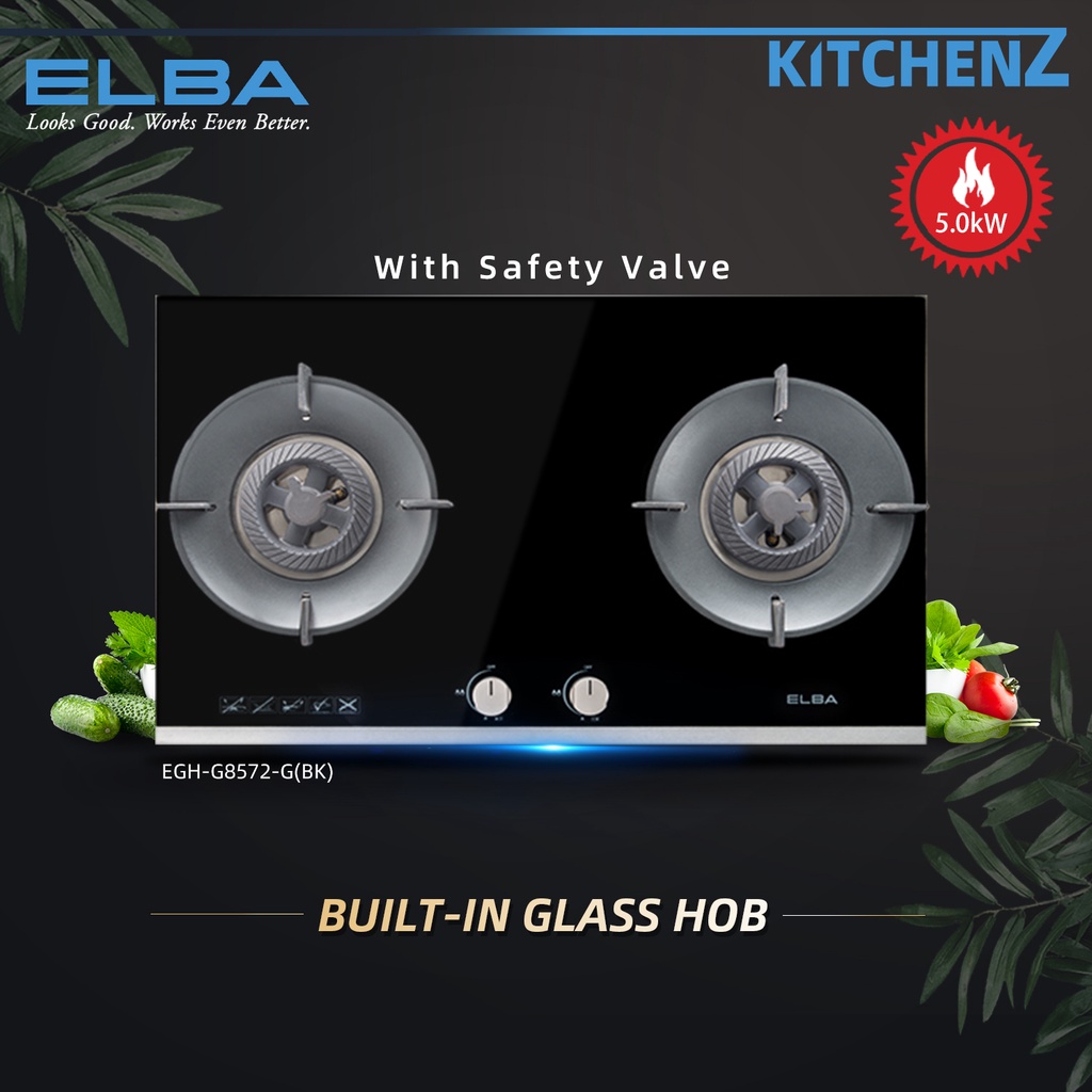 [FREE Shipping] Elba Tempered Glass 2 Burner Built-in Hob EGH-G8572G(BK) - 5.0Kw (Safety Valve ...