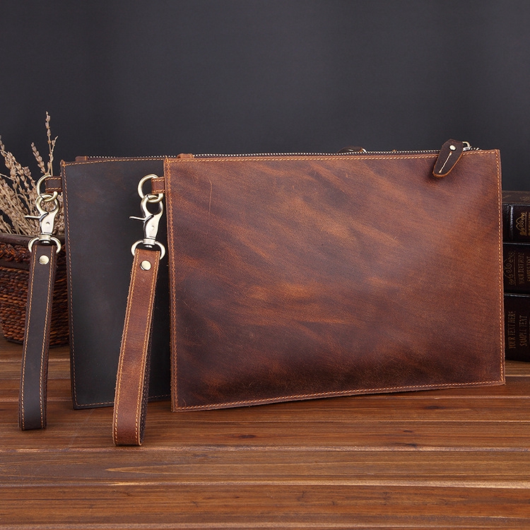 Men's leather handbag large capacity document handbag top layer Crazy ...