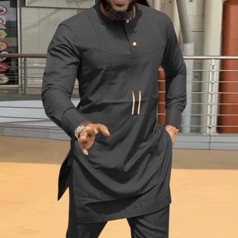 Men's Shirt Long Sleeves Baju Kurung Moden Mid-Length Blouse Kurta Set ...