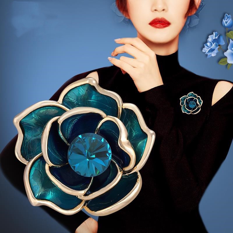 Exquisite blue camellia Brooch High-end Dripping oil Rhinestone Blue ...