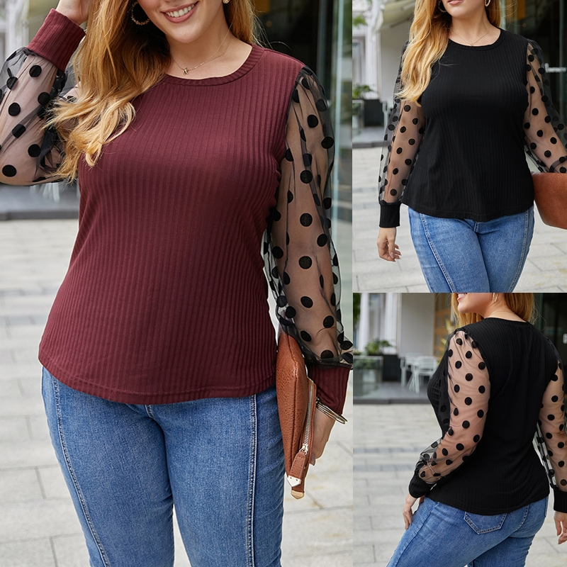 F&H 2257-2 Colors XL-4XL Chic Women Plus Size Polka Dot Patchwork T-Shirt | Shopee Malaysia