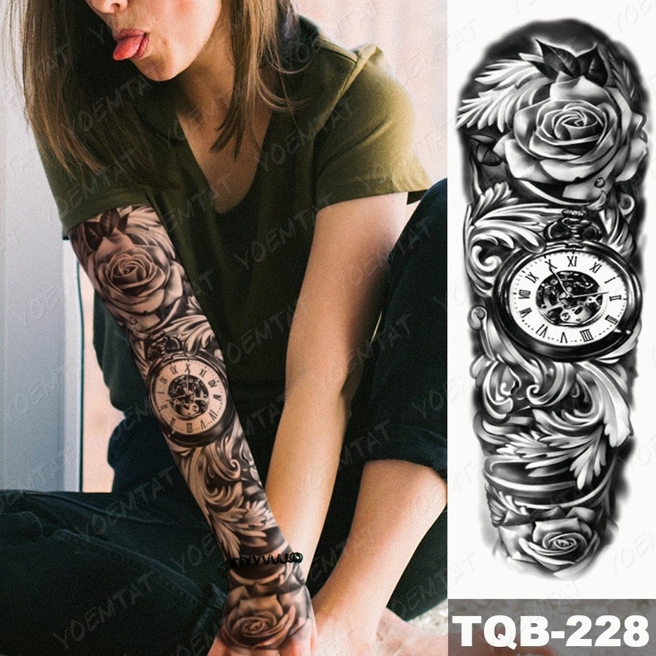 Large Arm Sleeve Tattoo Rose Flowers Clock Waterproof Temporary Tatto ...