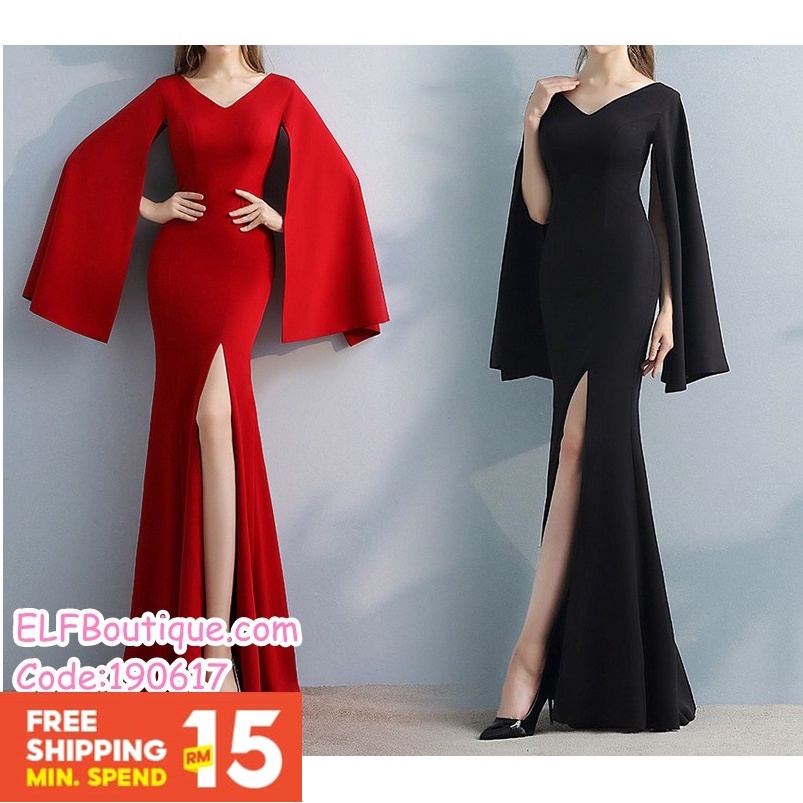 READY STOCK Korean Woman V-neck Split Long Sleeve Maxi Dinner Evening Dress Gown 190617 | Shopee ...