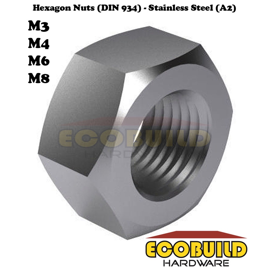 Hexagon Nuts (DIN 934) - Stainless Steel (A2) M3, M4, M6, M8 | Shopee ...