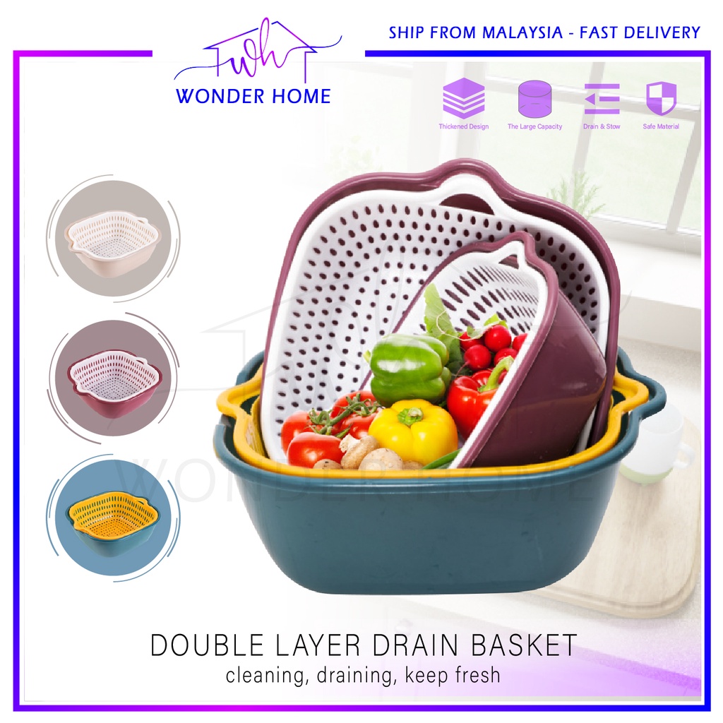 WH Kitchen Double Layer Drain Basket Bowl Wash Fruit Vegetable Washing ...