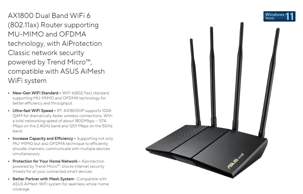 Asus RT-AX1800HP AX1800 Dual Band WiFi 6 with Ultra-fast WiFi Speed ...