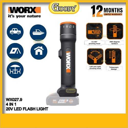 Worx WX027 .9 20V Cordless LED 4 in 1 Flash Light / Outdoor house hold ...