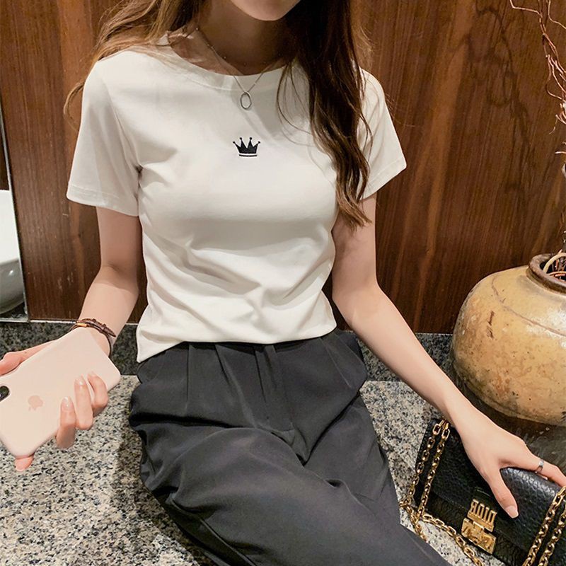 Summer Slim-Fit Half-Sleeved T-Shirt Round Neck Pullover Top Student ...