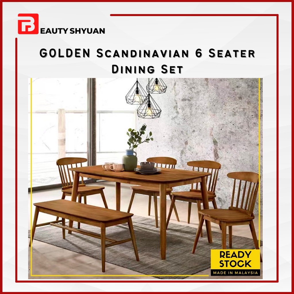 GOLDEN Solid Wood Dining Table Set 6 Dining Set 6 Seater Dining Table 6 ...