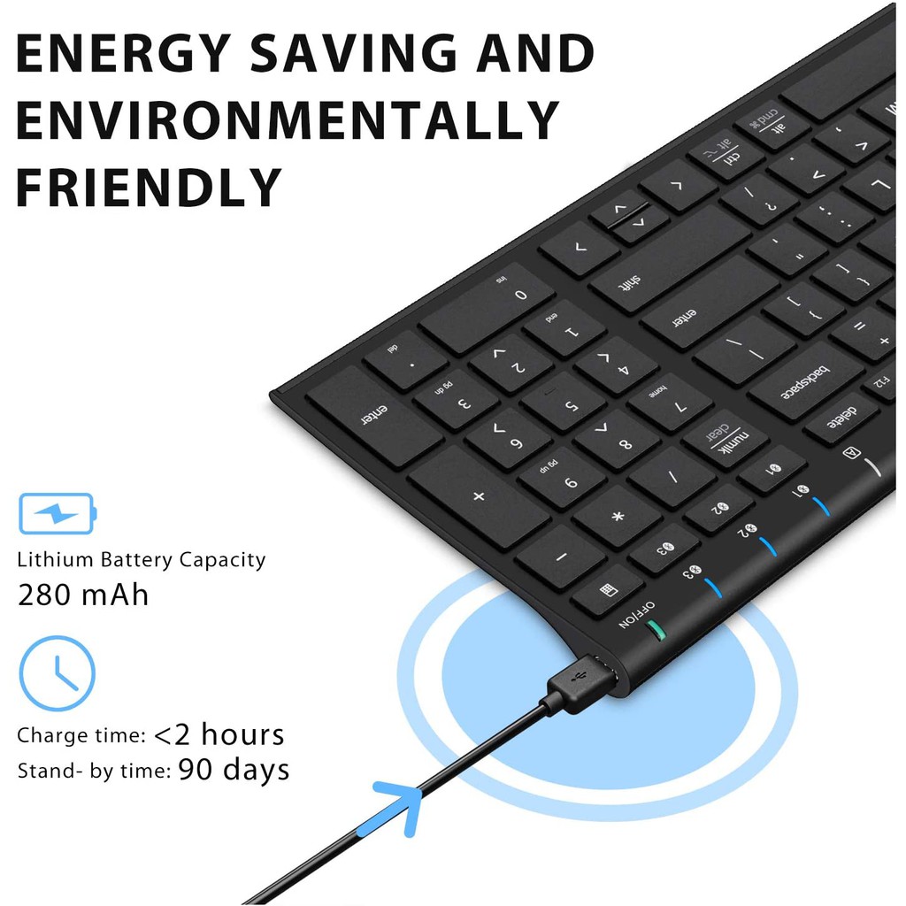 BK10 Bluetooth Keyboard, Multi Device Rechargeable with Number Pad Ergonomic Design Connect 3 ...